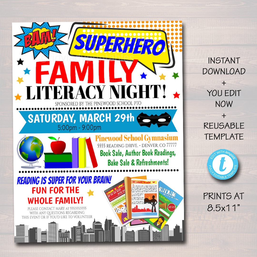 Superhero Family Literacy Night Flyer, Printable PTA PTO Flyer, School ...
