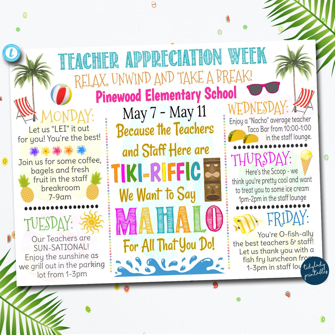 Editable Beach Theme Teacher Appreciation Week Itinerary Poster ...