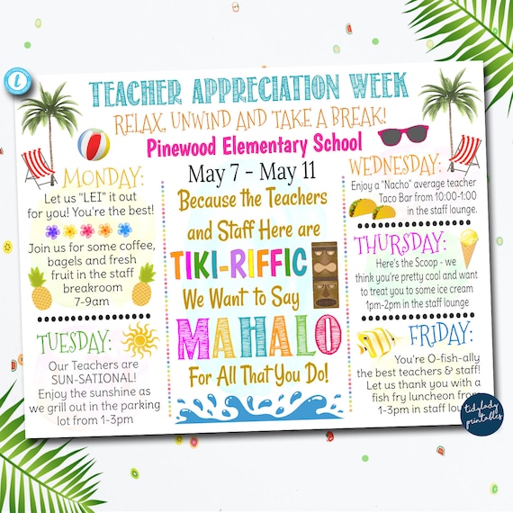 EDITABLE Beach Themed Teacher Appreciation Week Itinerary Poster ...