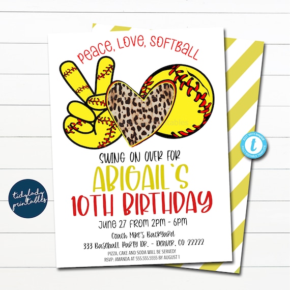 Softball Birthday Invitation, Peace Love Softball, Editable team pool ...