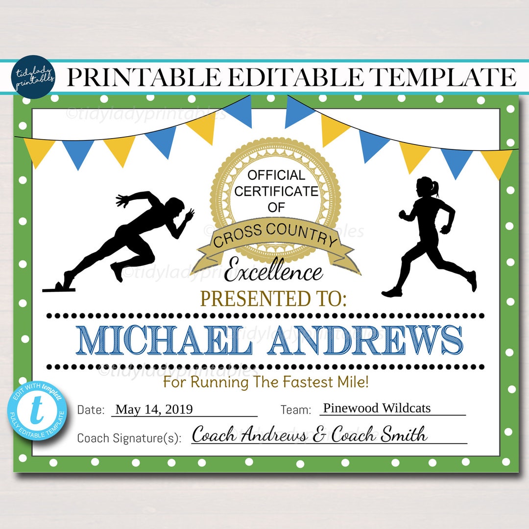 Editable Cross Country Award Certificate: Running Team Printable ...