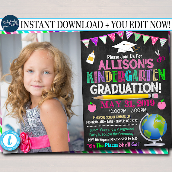 Editable Graduation Invitation Chalkboard Printable Kindergarten ...