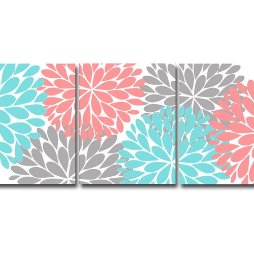Home Decor CANVAS or Wall Art PRINTS Coral and Teal Flower - Etsy