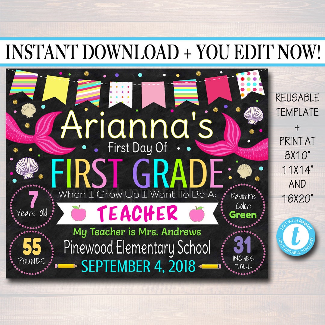 Mermaid Back to School Chalkboard Sign: Editable Photo Prop (digital ...
