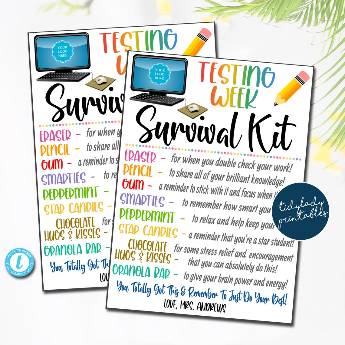 Testing Survival Kit Printable Tag: Editable Teacher Student Gift - Etsy