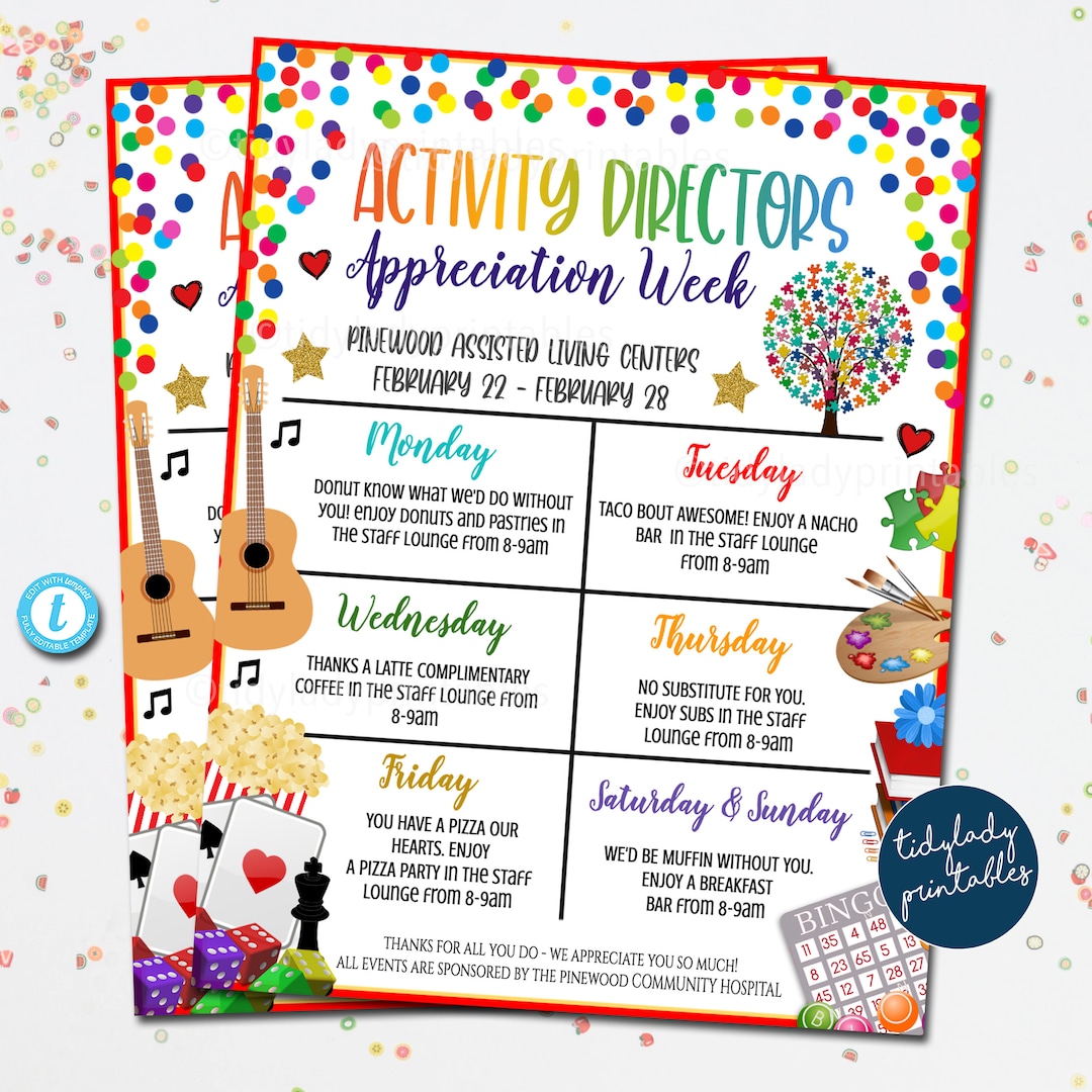 Activity Directors Appreciation Week Itinerary Template (EDITABLE) - Etsy