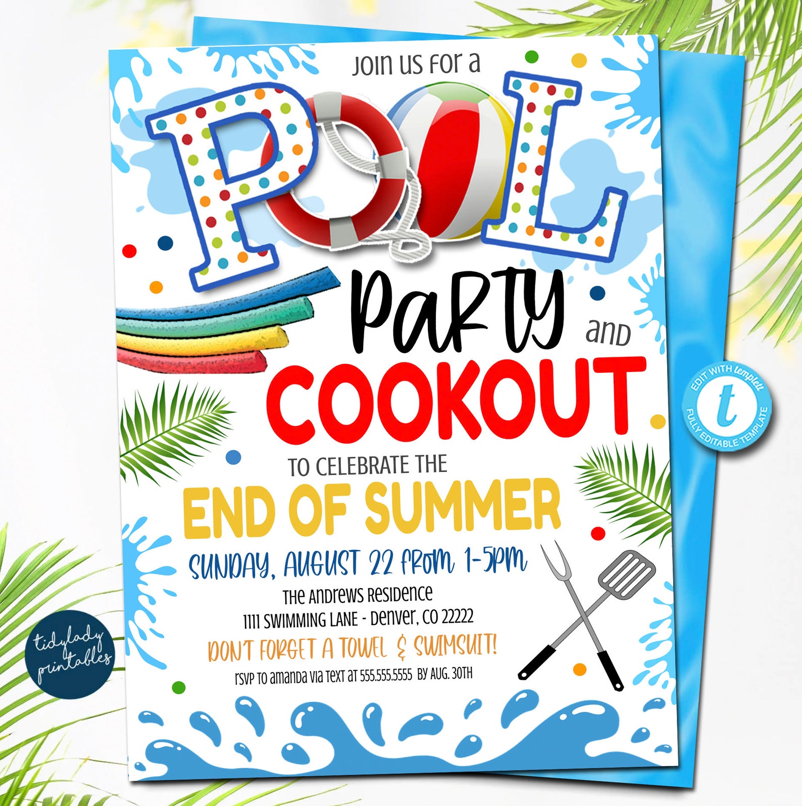 EDITABLE End of School Pool Party Invitation Pool Party and - Etsy