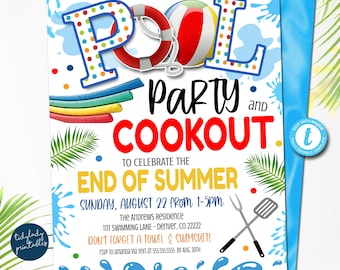 EDITABLE End of School Pool Party Invitation, Pool Party and Cookout ...