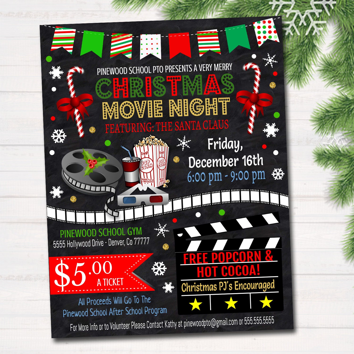 EDITABLE Christmas Movie Night Flyer Printable PTA PTO Flyer - Etsy