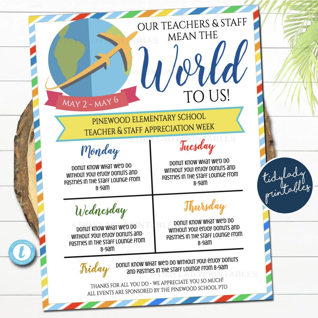 World Theme Teacher Appreciation Week Itinerary Poster (digital File ...