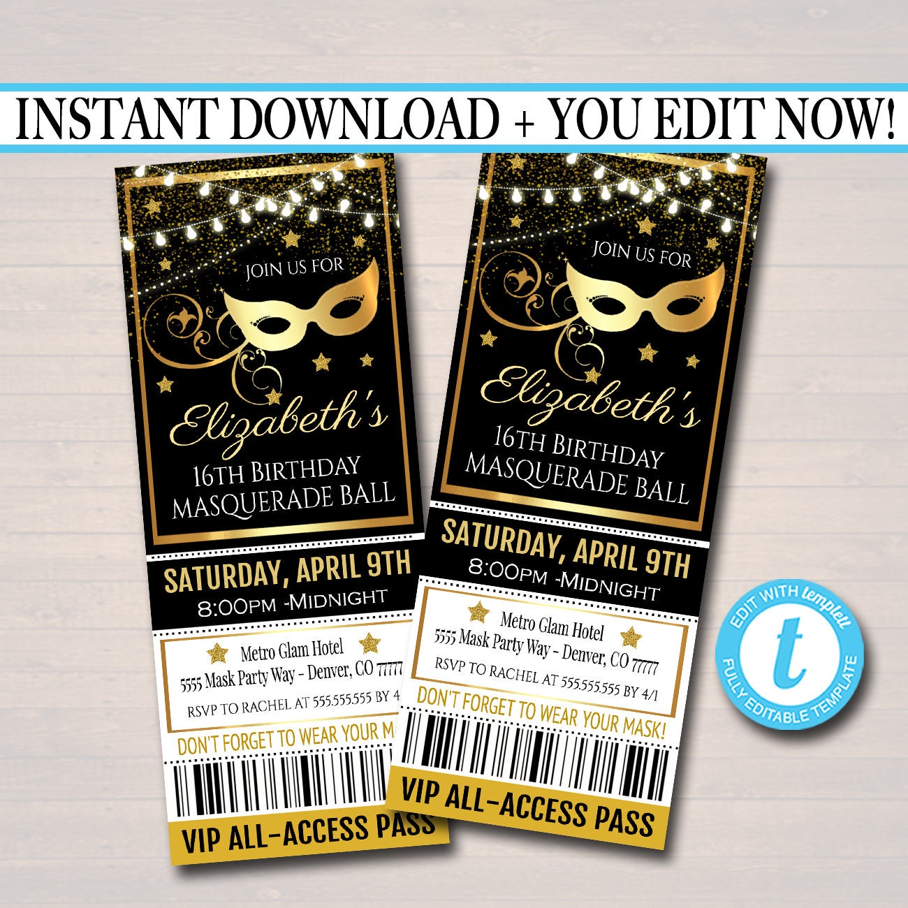 EDITABLE Masquerade Ball Ticket Invitation Birthday Party | Etsy