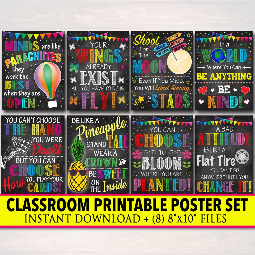 25% OFF Set of 8 Classroom Printable Posters, Inspirational Chalkboard ...