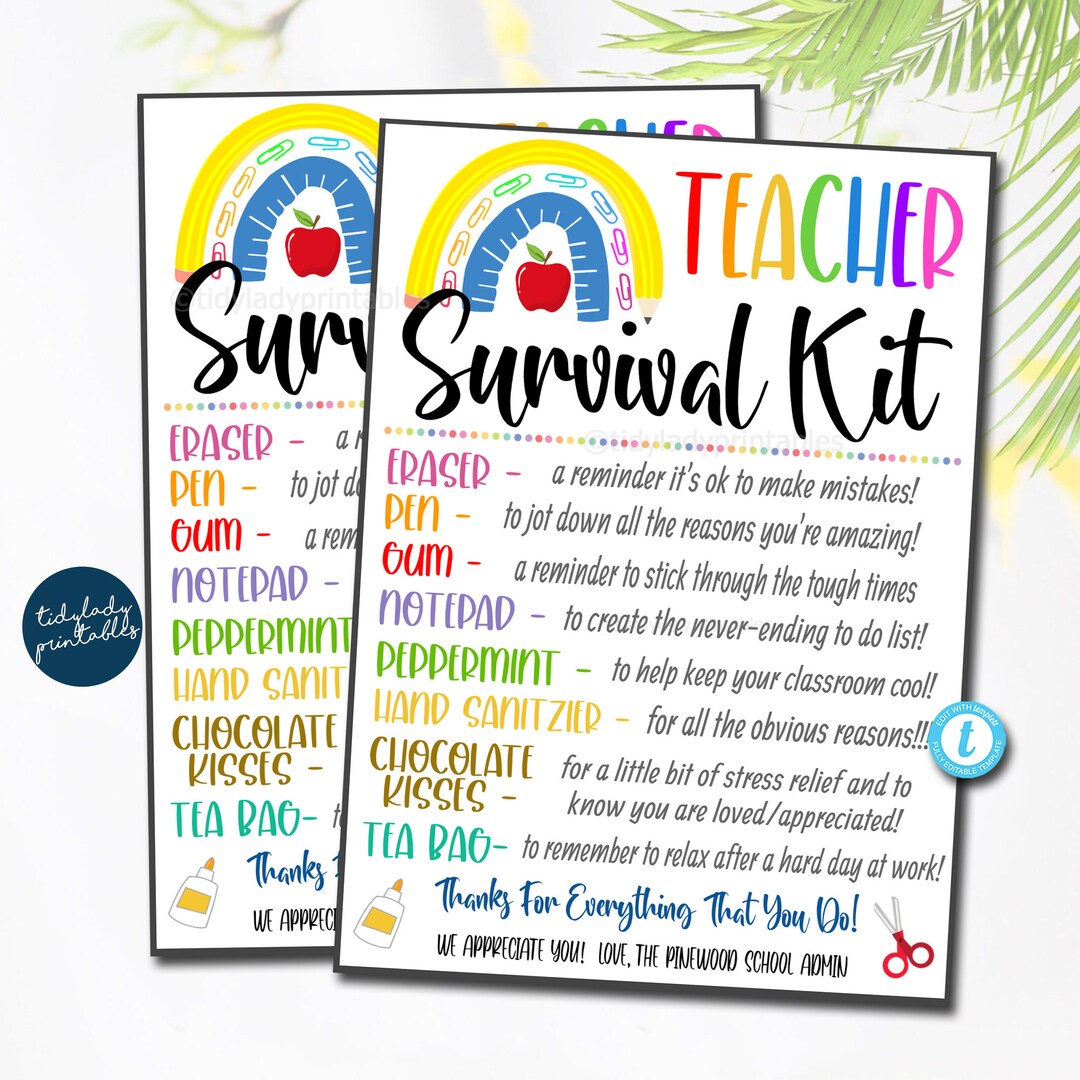 Editable Teacher Survival Kit Card: Back to School Gift (digital ...
