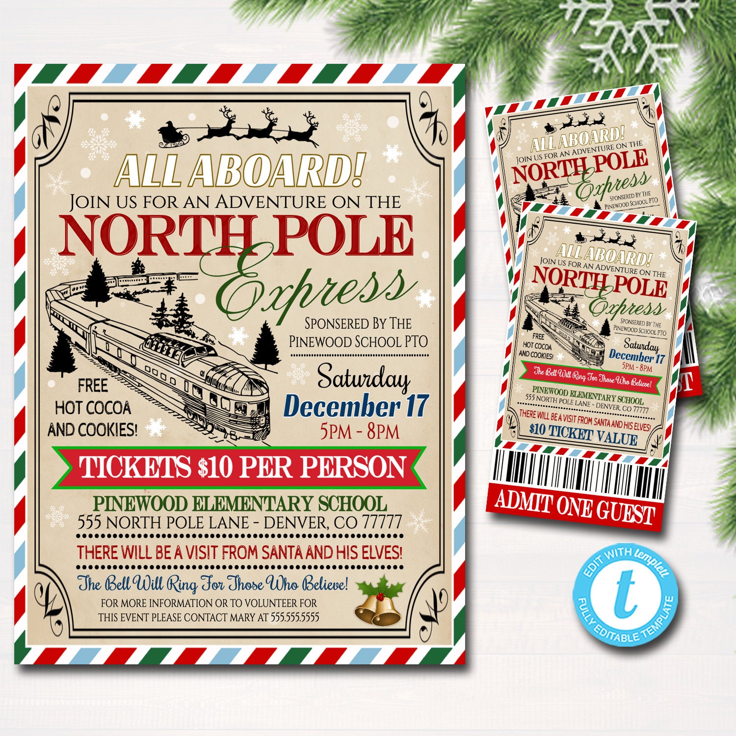 EDITABLE North Pole Polar Express Train Event With Santa Flyer & Ticket ...