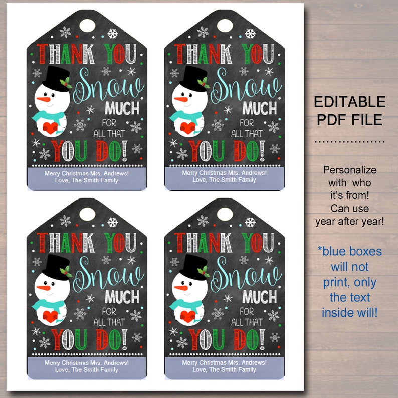 Christmas Gift Tags, Thank You Snow Much for All You Do, Printable ...