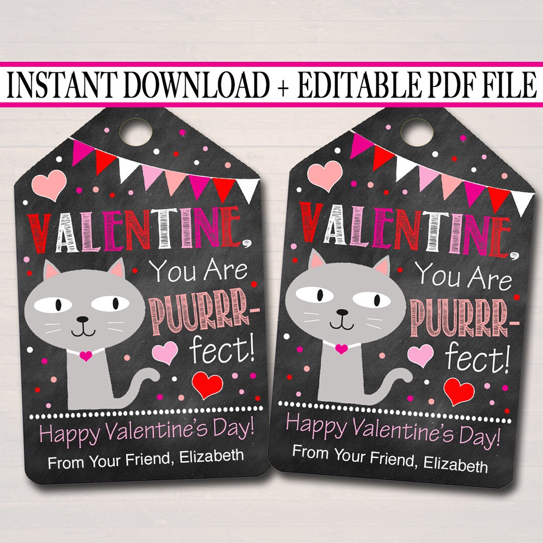 EDITABLE Valentine You Are Puurrfect Cat Gift Tags Teacher Friend Kids ...
