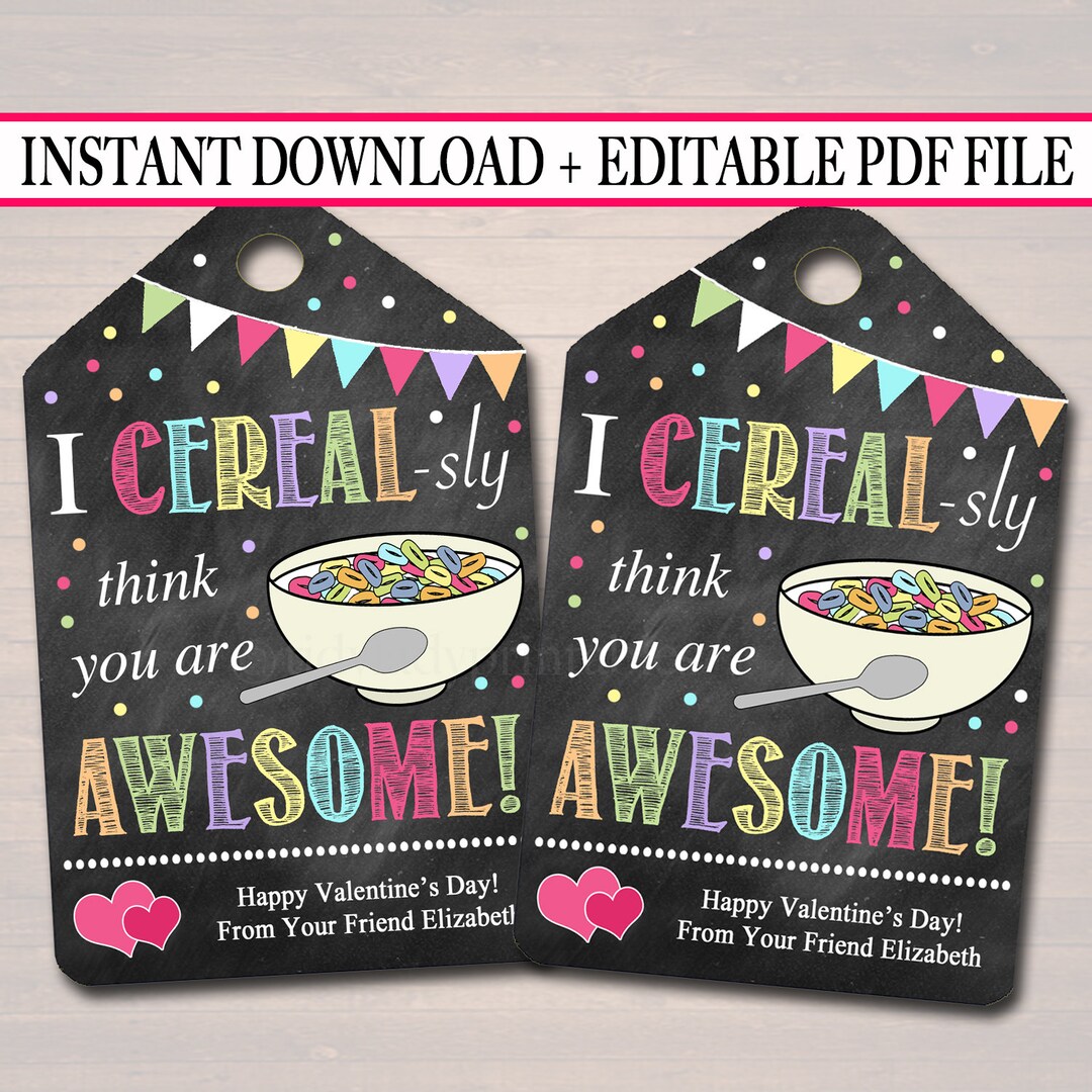 EDITABLE Cereal Valentine's Day Gift Tags, Staff Teacher Friend ...