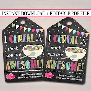 EDITABLE Cereal Valentine's Day Gift Tags, Staff Teacher Friend ...