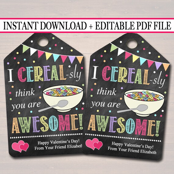EDITABLE Cereal Valentine's Day Gift Tags, Staff Teacher Friend ...