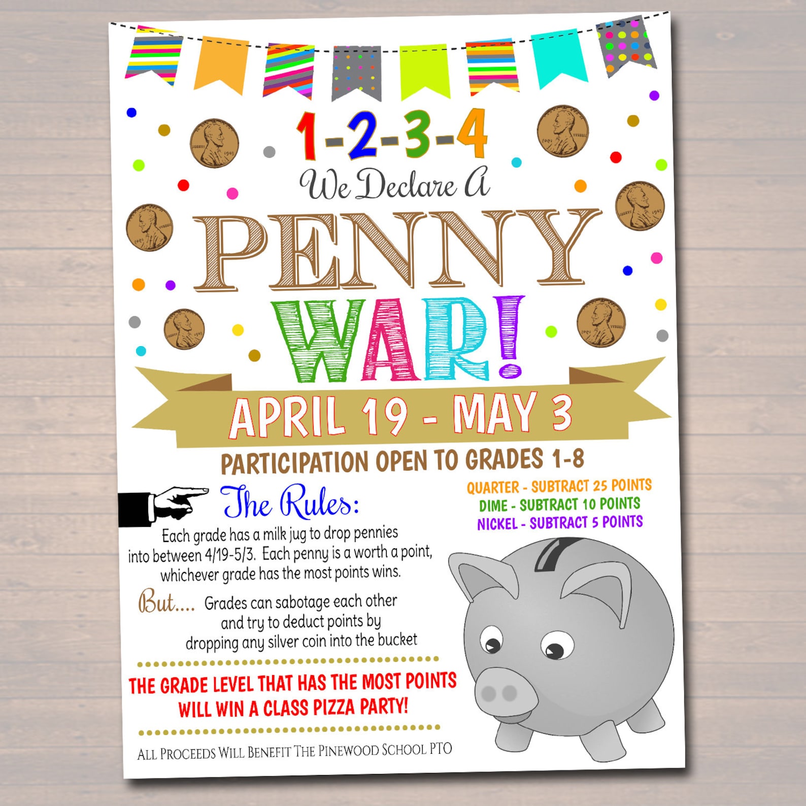 Editable Penny War Fundraiser Flyer: School PTO PTA Event (digital ...