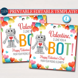 Valentine Robot Gift Tags, I Like You a Bot Friend, Classroom Boy ...