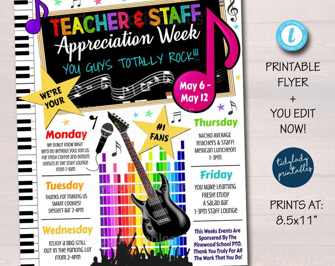 EDITABLE Music You Rock Themed Teacher Appreciation Week Itinerary ...