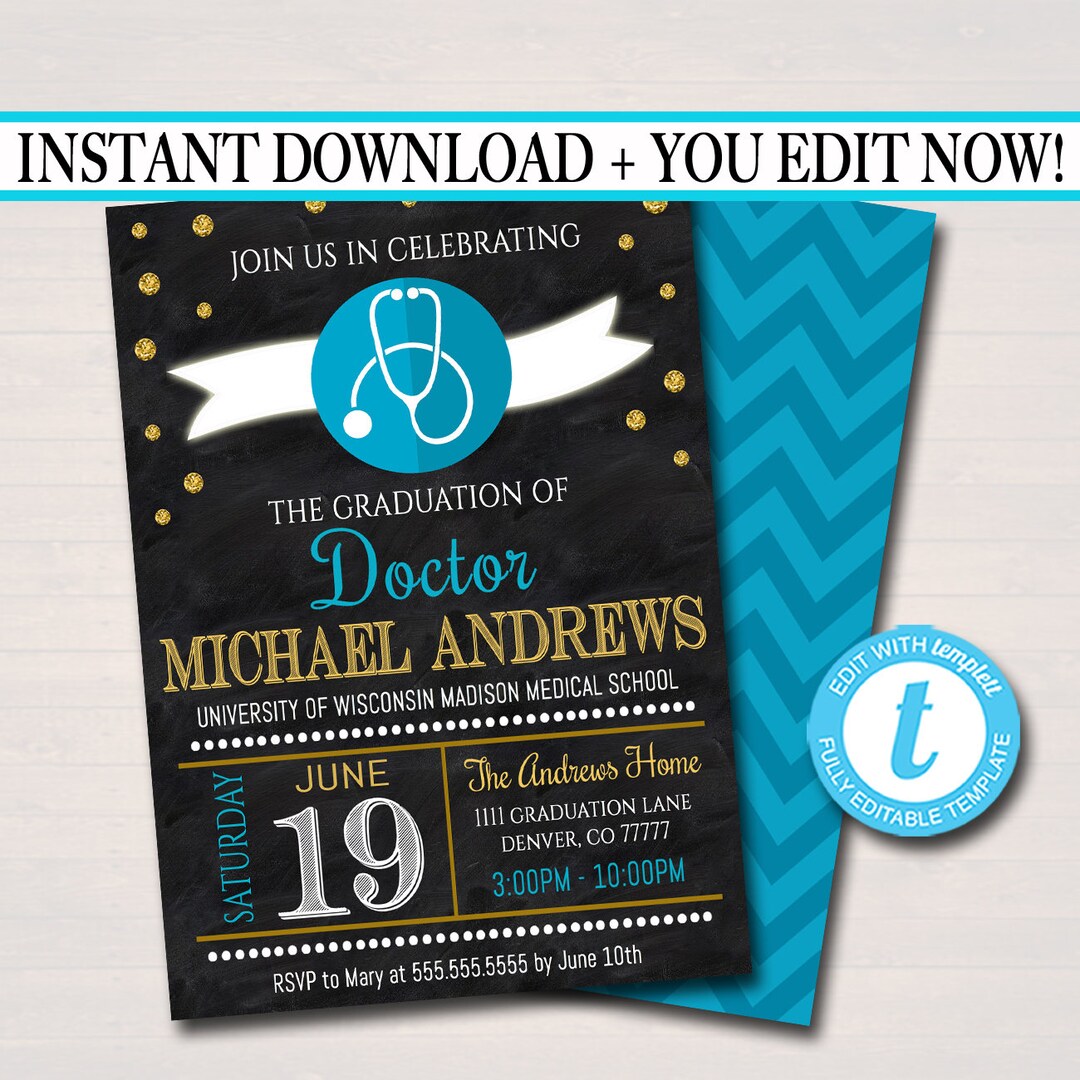 Editable Doctor Graduation Invitation, Chalkboard Printable, Medical ...