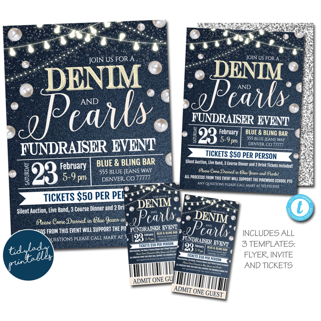 Denim and Pearls Fundraiser Invitation Set: Gala, School Event ...