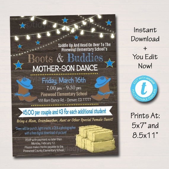 EDITABLE Mother Son Barn Dance Set School Dance Flyer Invitation ...