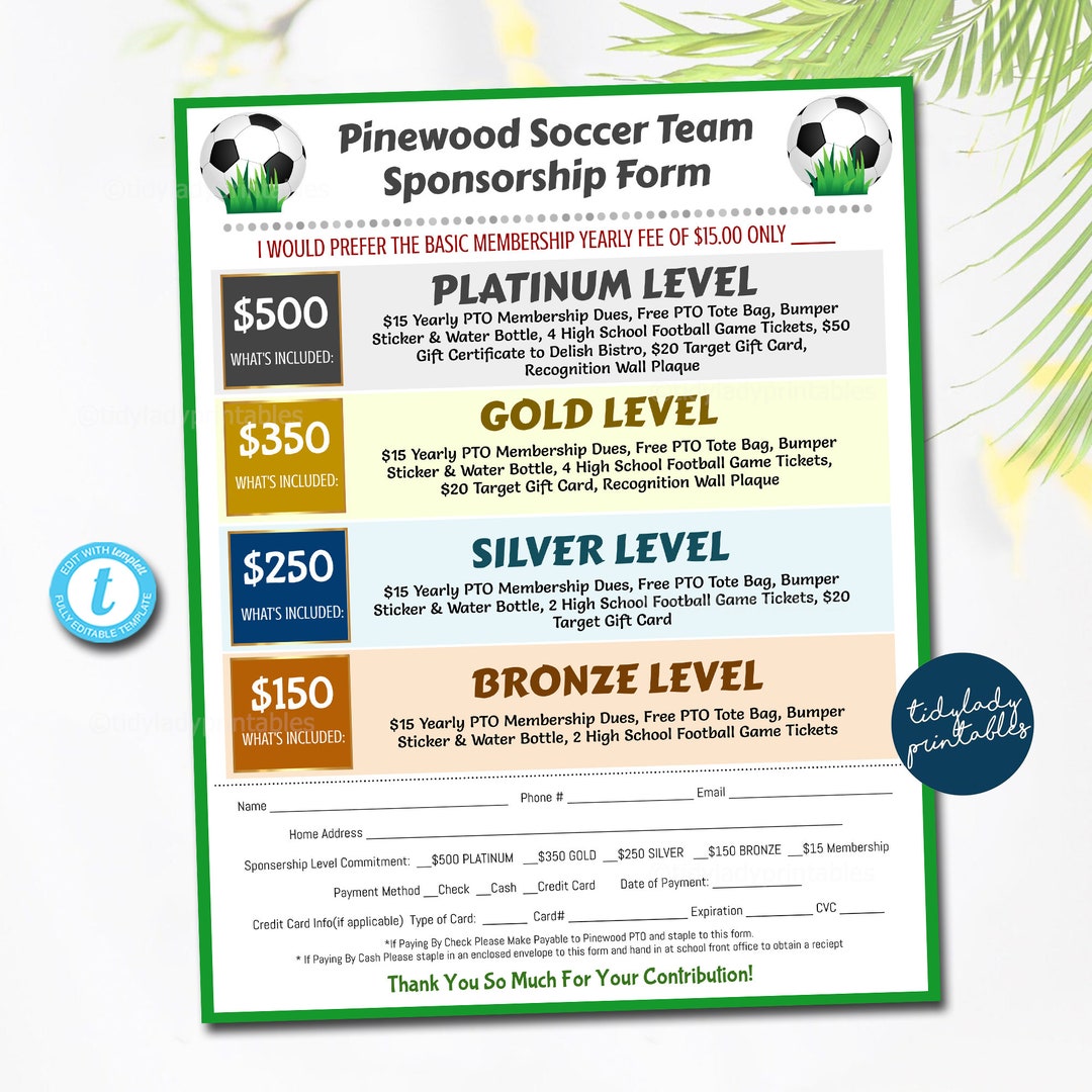 Soccer Sponsorship Form: School Fundraiser, Editable Template - Etsy