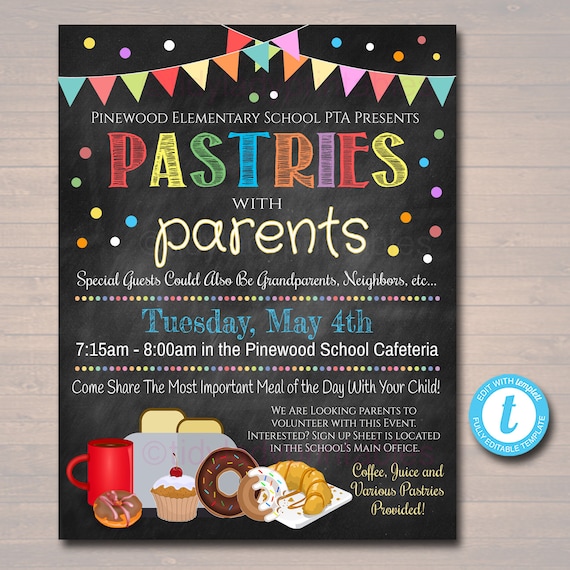 EDITABLE Pastries With Parents, Printable PTA Flyer, School Breakfast ...
