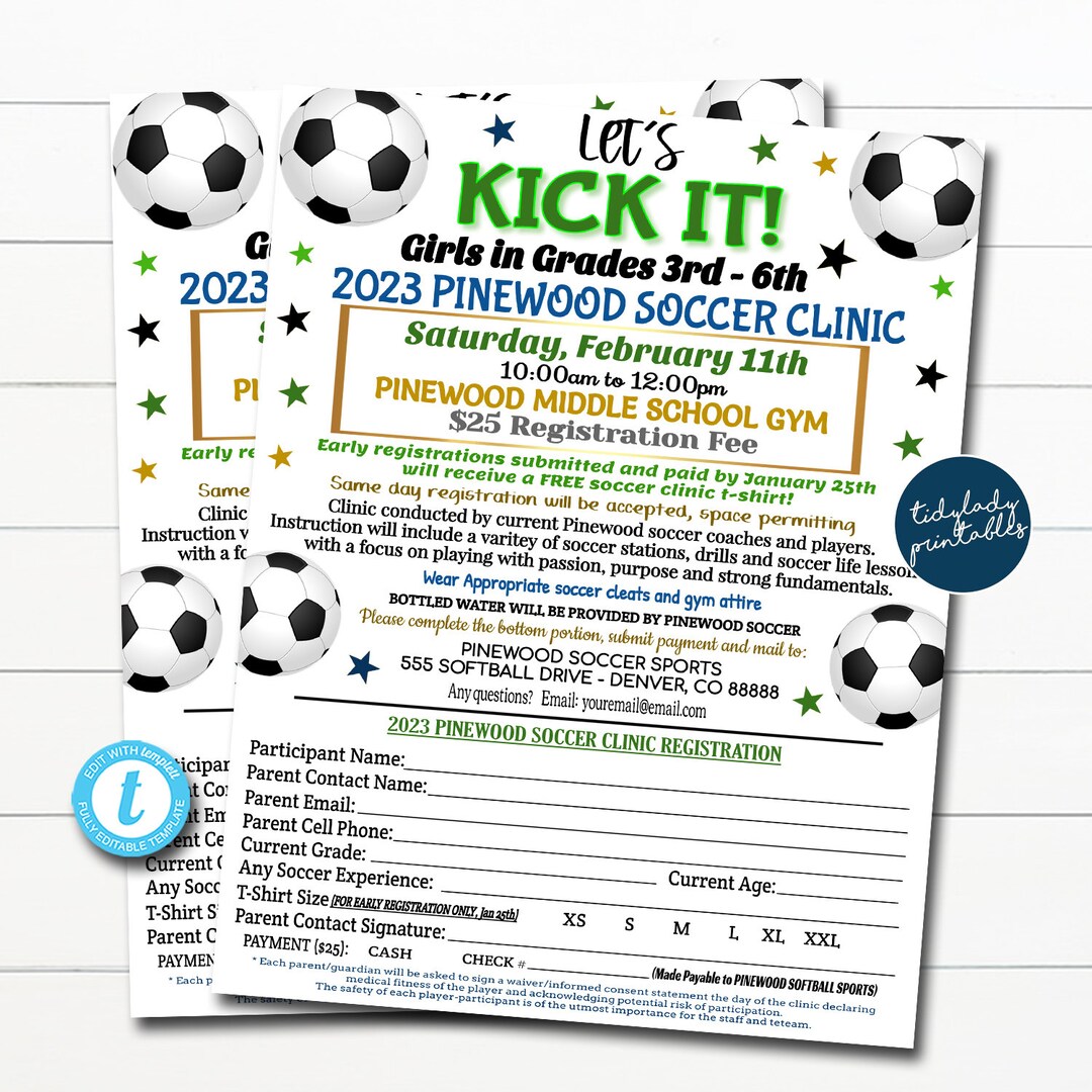 EDITABLE Soccer Clinic Registration Form Printable, Soccer Fundraiser ...