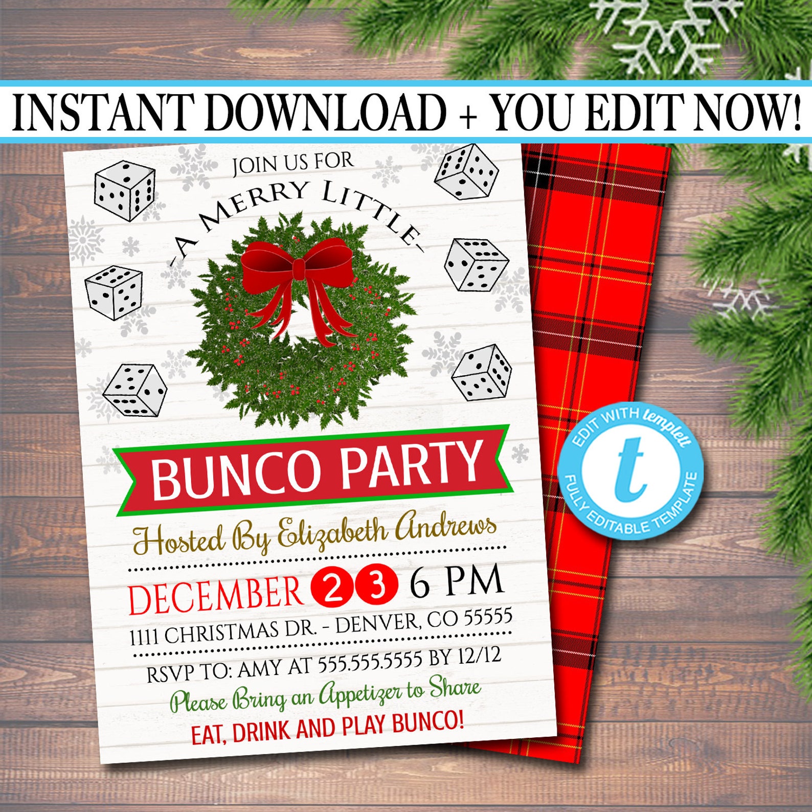EDITABLE Christmas Bunco Party Invitation Holiday Merry Bunco - Etsy