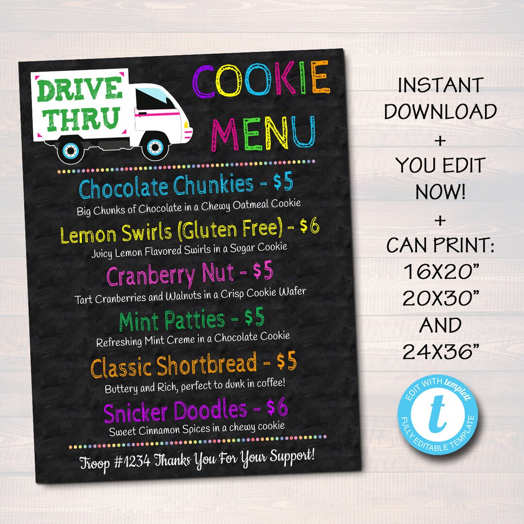 EDITABLE Drive Thru Cookie Booth Menu Sign, Digital File Troop Leader ...