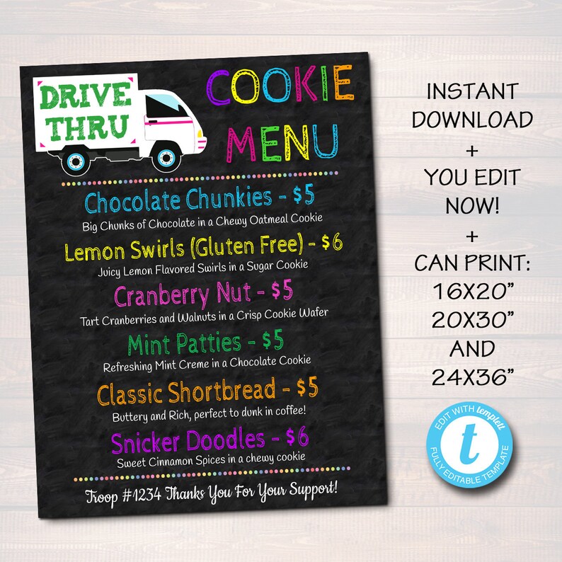 EDITABLE Drive Thru Cookie Booth Menu Sign, Digital File Troop Leader ...