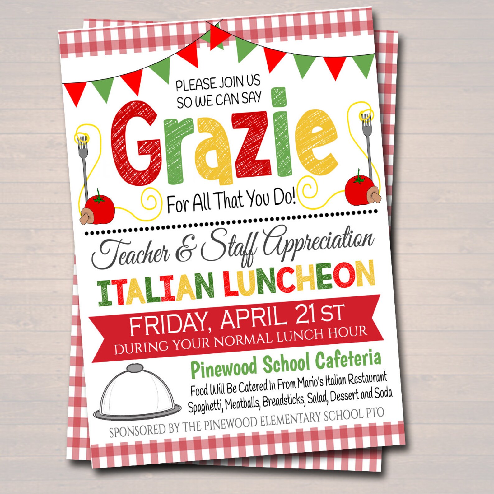 Italian Luncheon Invitation: Teacher Staff Appreciation (INSTANT ...