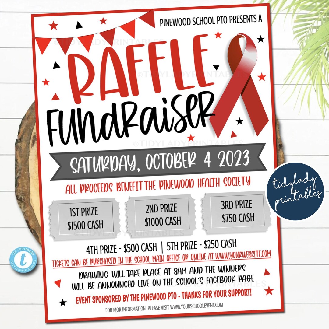 Red Ribbon Raffle Fundraiser Flyer: Editable Template (digital Download ...