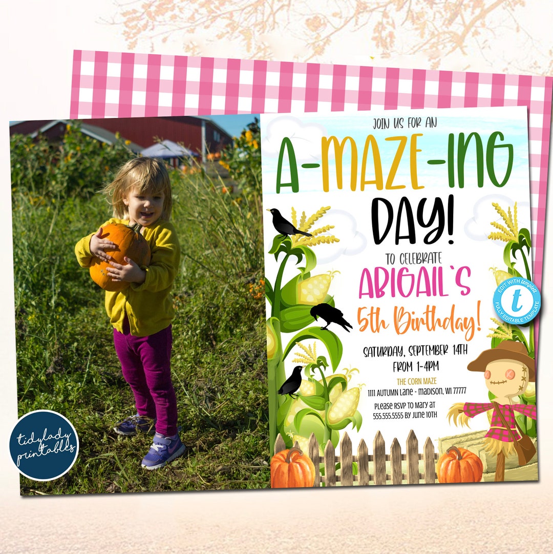 Corn Maze Girl Birthday Invitation: Pink Scarecrow, Pumpkin Patch ...
