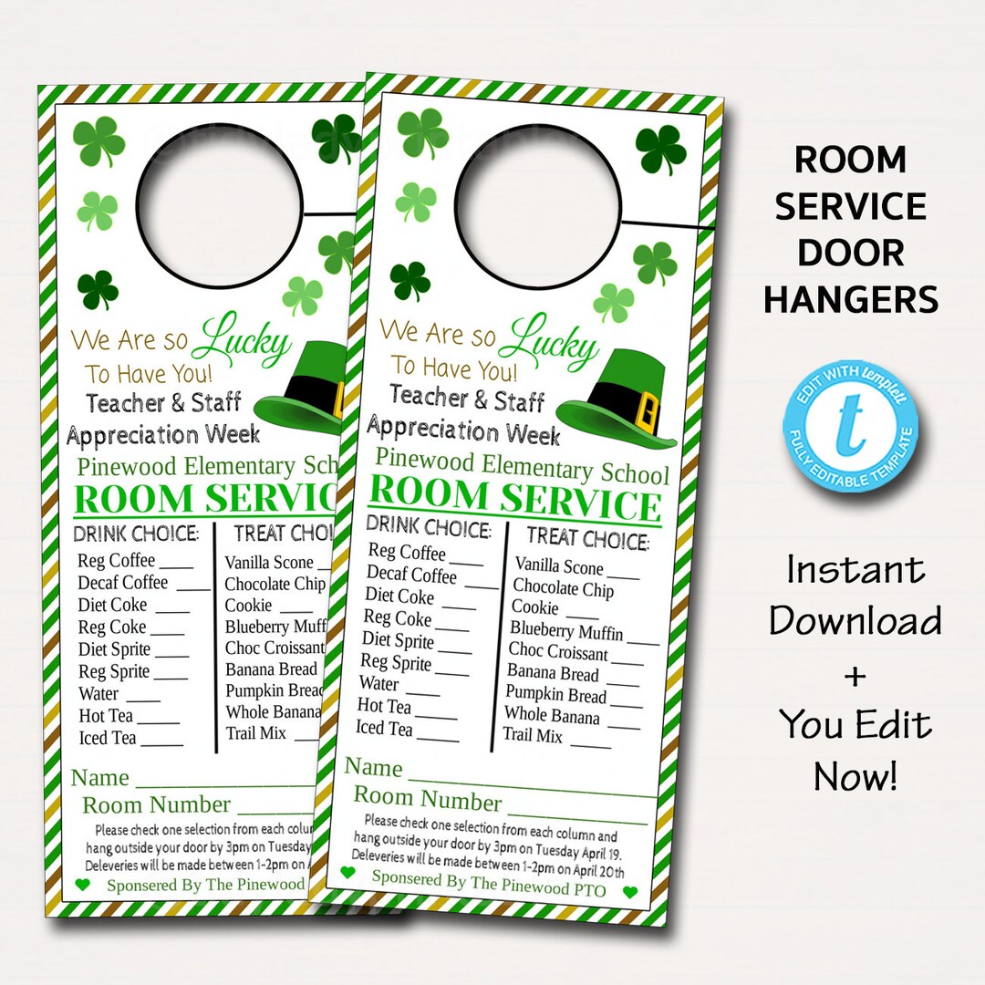 St. Patricks Day Room Service Door Hanger, INSTANT DOWNLOAD, Teacher ...
