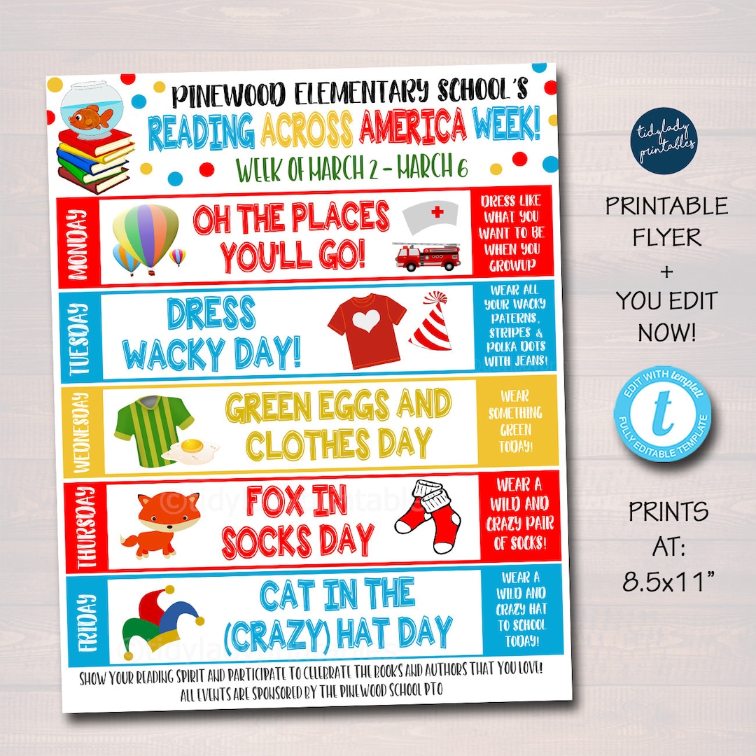 School Spirit Week Itinerary Schedule, Reading Across America, School ...