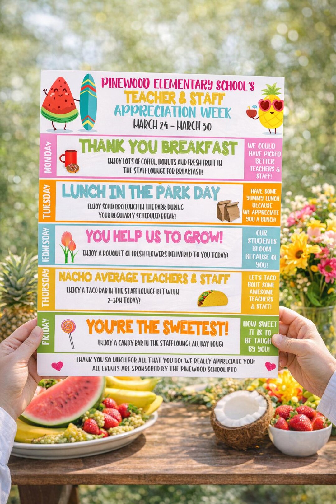 Tropical Theme Teacher Appreciation Week Flyer: Beach Fruit Luau Staff ...
