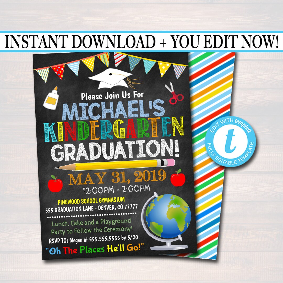 Editable Graduation Invitation Chalkboard Printable Kindergarten ...