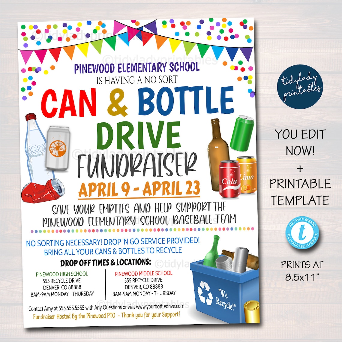Can & Bottle Drive Flyer: School Fundraiser, Editable Template - Etsy