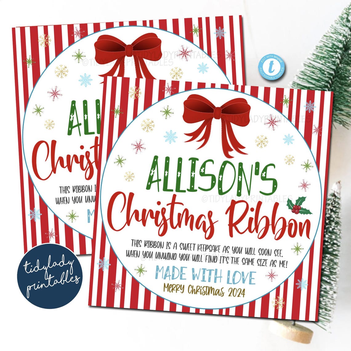 Christmas Ribbon Ornament Tag Template: Editable Keepsake (digital ...
