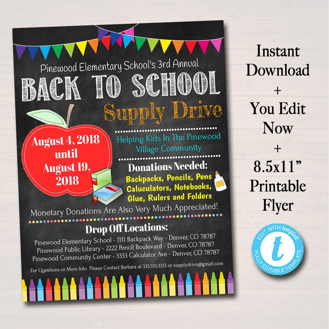 EDITABLE School Supply Drive Flyer, Printable PTA PTO Flyer, School ...