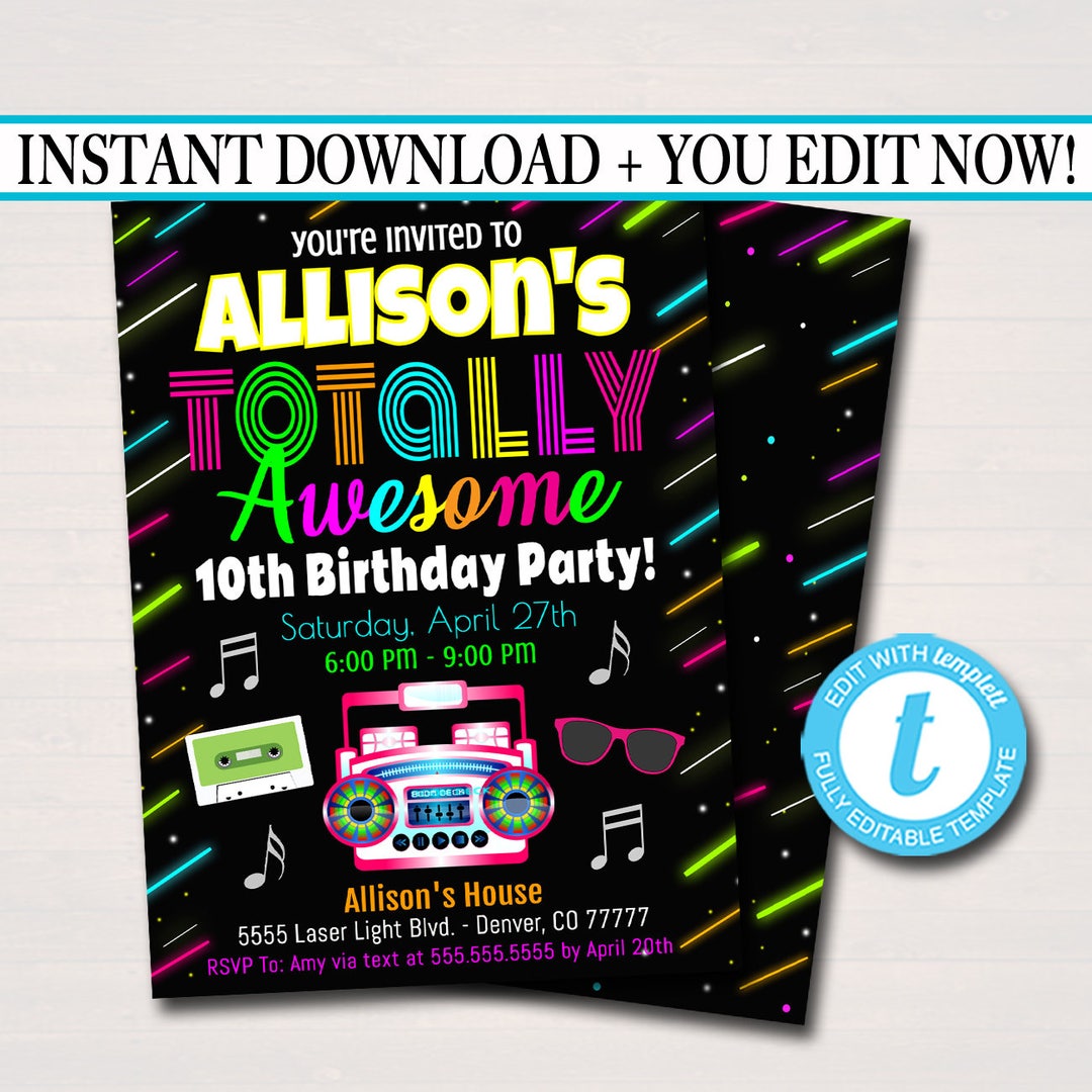 EDITABLE 80's Birthday Invitation, Neon Glow Birthday Digital, Retro ...