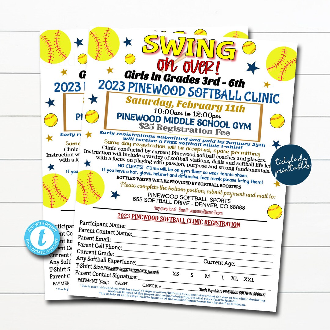 EDITABLE Softball Clinic Registration Form Printable, Softball ...
