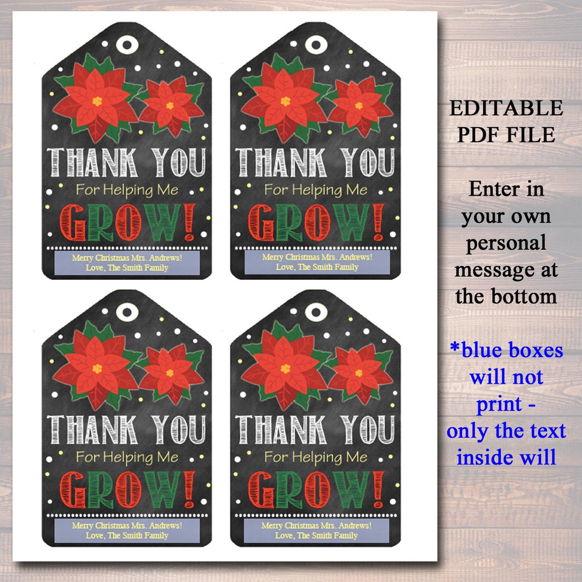 EDITABLE Christmas Gift Tags Thank You for Helping Me Grow - Etsy