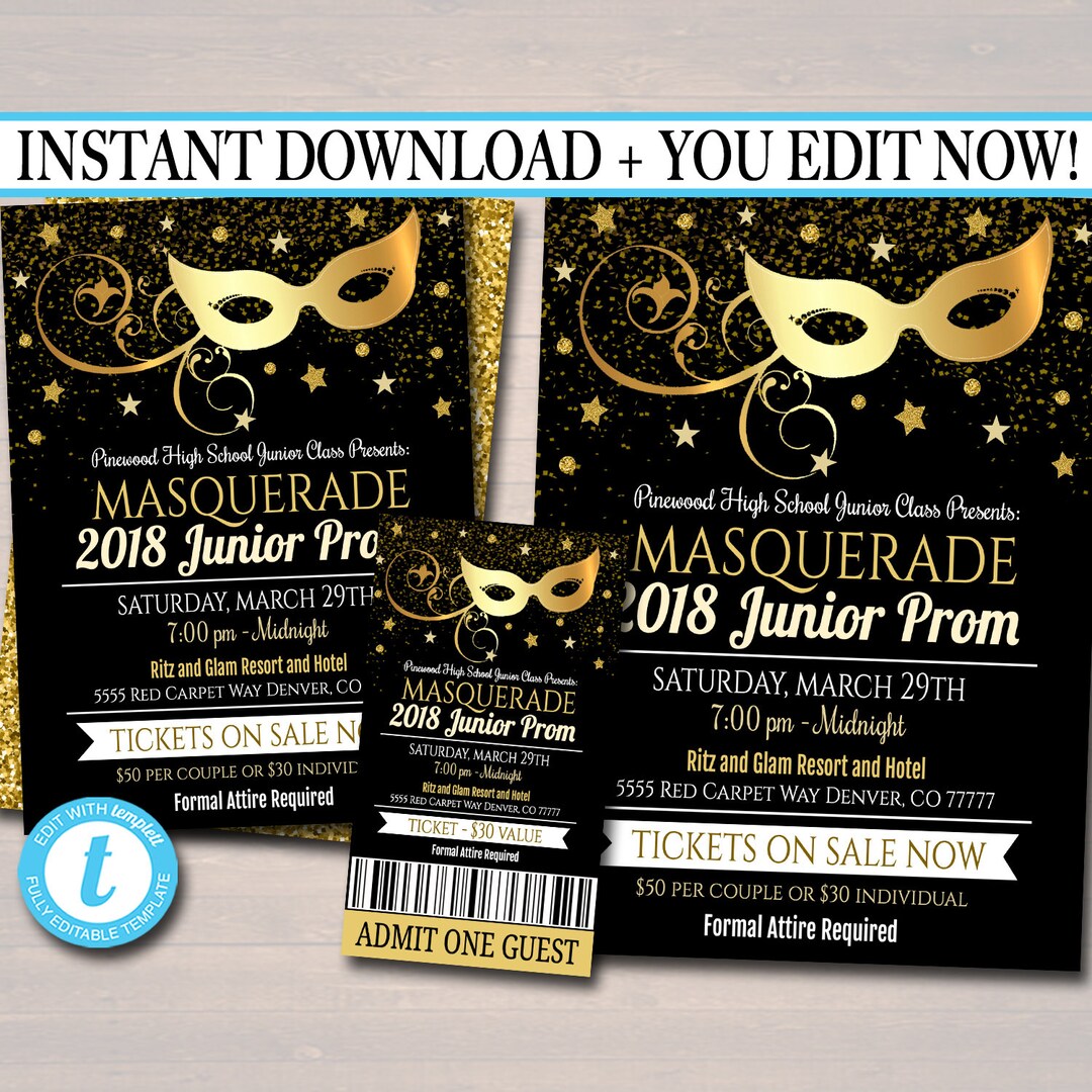 EDITABLE Prom Set, Dance Flyer Invitation Ticket Masquerade Ball, Gold ...