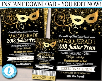 EDITABLE Prom Set, Dance Flyer Invitation Ticket Masquerade Ball, Gold ...
